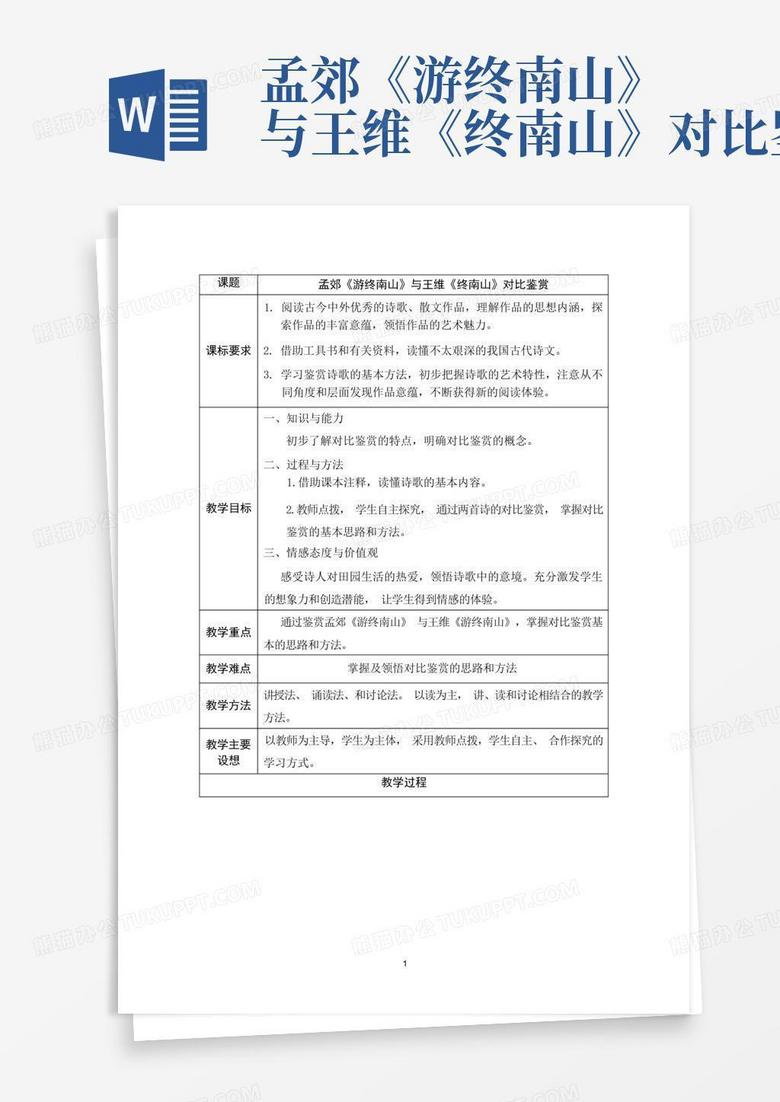 孟郊游终南山与王维终南山对比鉴赏Word模板下载 编号qeneyane 熊猫办公