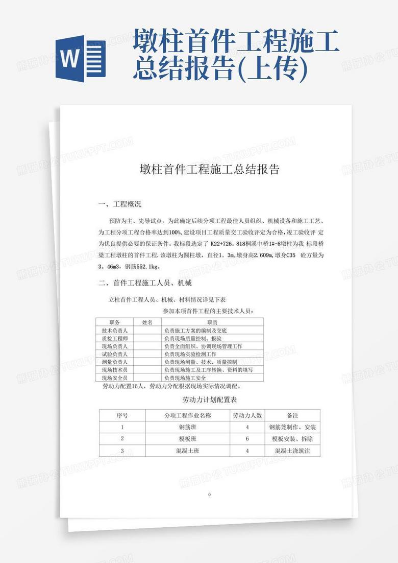 墩柱首件工程施工总结报告 上传 Word模板下载 编号lmveaxmg 熊猫办公