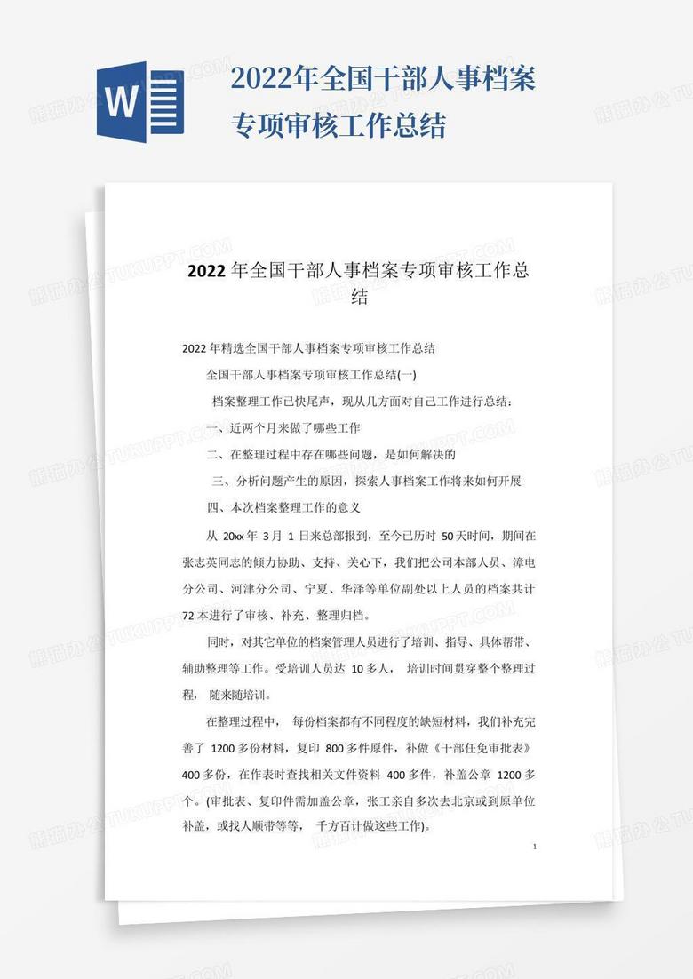 2022年全国干部人事档案专项审核工作总结Word模板下载 编号qpgjvdvz 熊猫办公