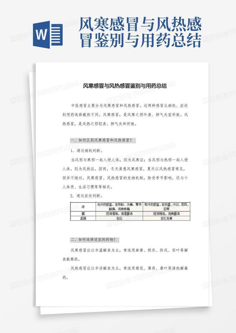 风寒感冒与风热感冒鉴别与用药总结Word模板下载 编号qjpryxkj 熊猫办公