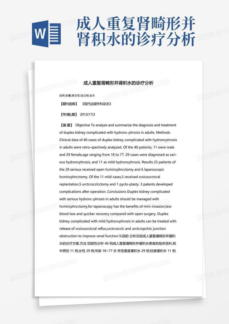 成人重复肾畸形并肾积水的诊疗分析Word模板下载 编号ljpeoyjr 熊猫办公