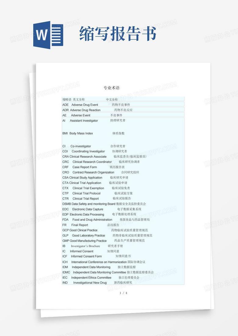 临床试验常用的英文缩写Word模板下载 编号lzapjnxz 熊猫办公