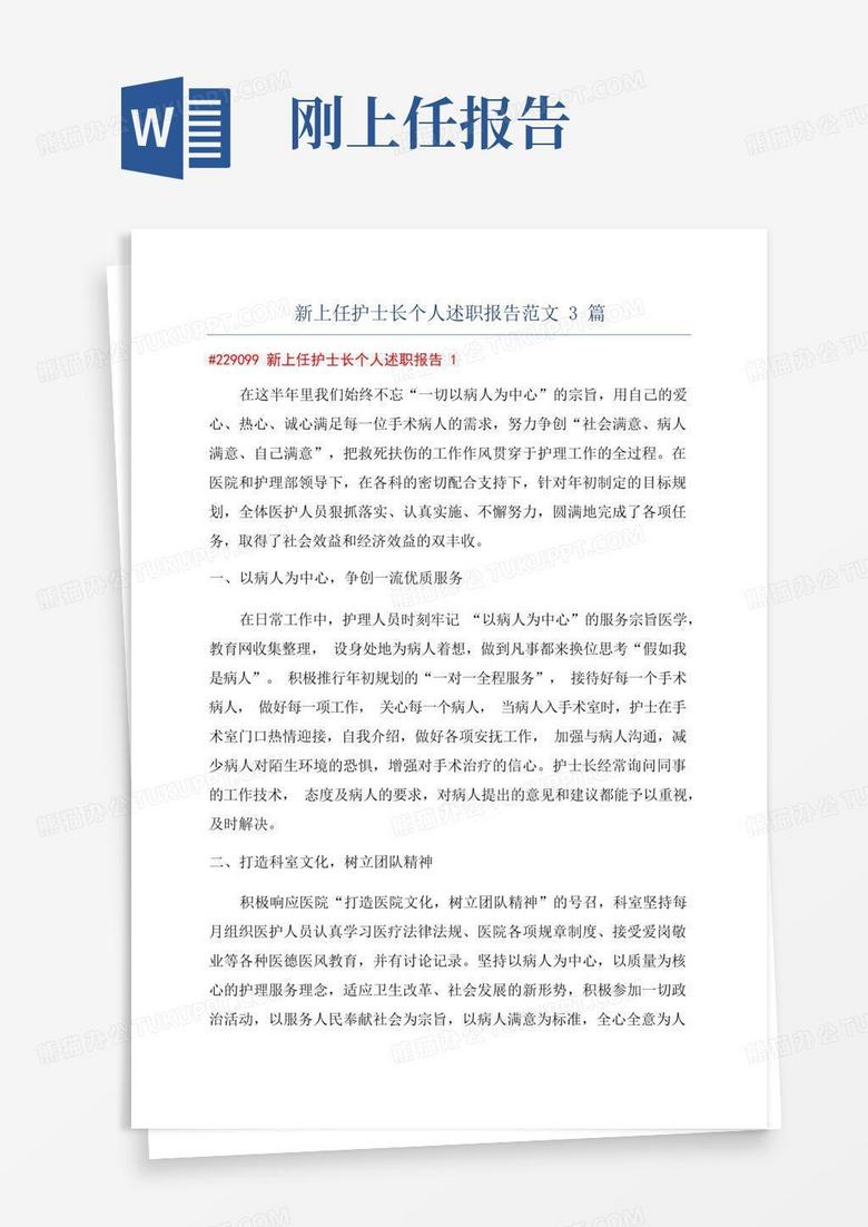 新上任护士长个人述职报告范文3篇Word模板下载 编号qaembkjj 熊猫办公