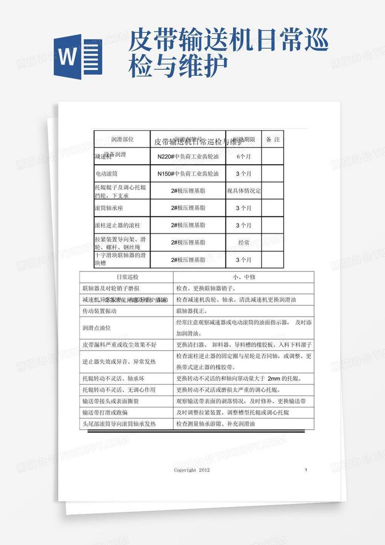 皮带输送机日常巡检与维护Word模板下载 编号qjngyvzm 熊猫办公