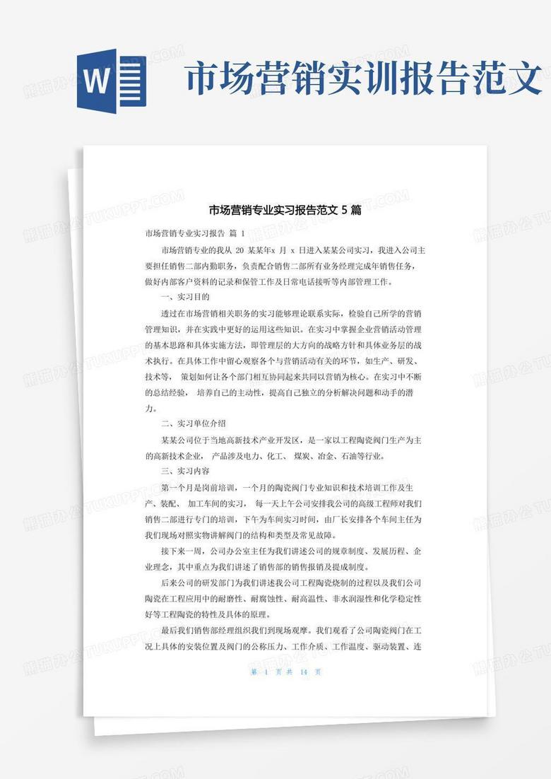 市场营销专业实习报告范文5篇Word模板下载 编号lzromdxp 熊猫办公