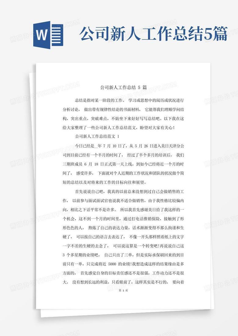 公司新人工作总结5篇Word模板下载 编号qakvwjrw 熊猫办公