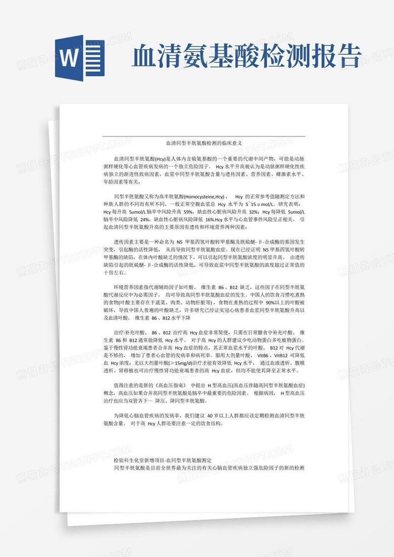 血清同型半胱氨酸检测的临床意义Word模板下载 编号lwobeexw 熊猫办公