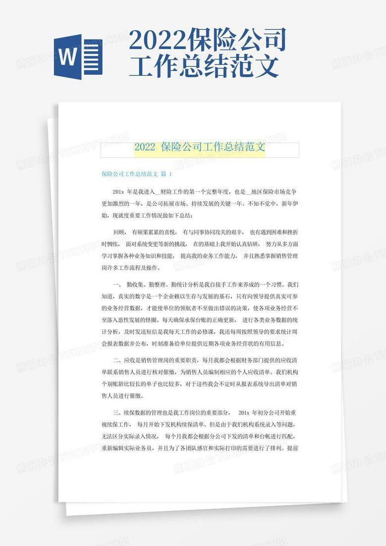 2022保险公司工作总结范文Word模板下载 编号qrpvbvka 熊猫办公