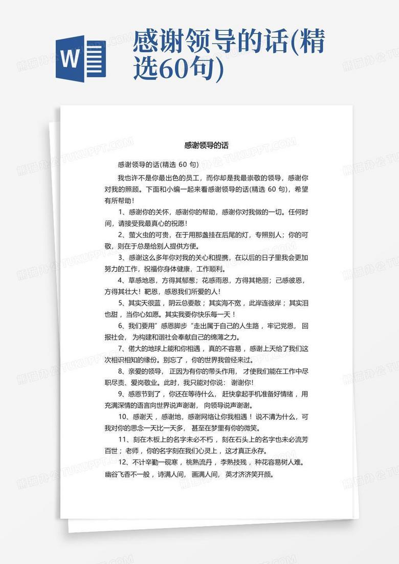 感谢领导的话 精选60句 Word模板下载 编号qwobomxo 熊猫办公