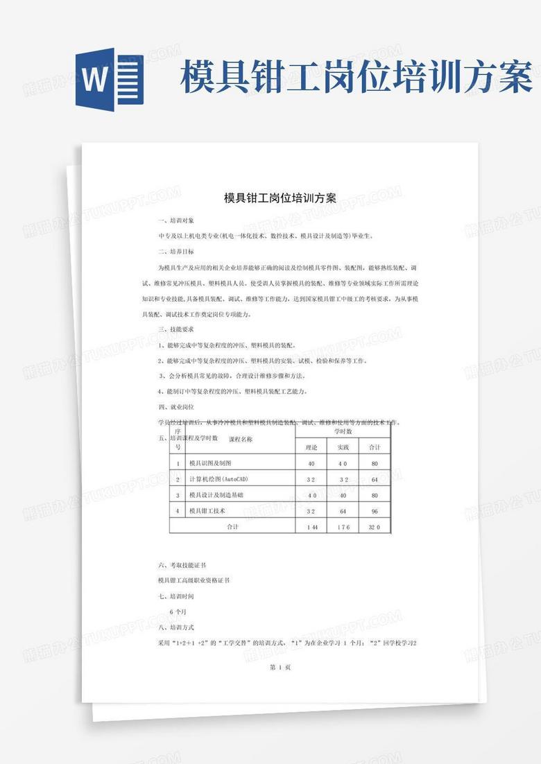 模具钳工岗位培训方案Word模板下载 编号lkjojwnv 熊猫办公