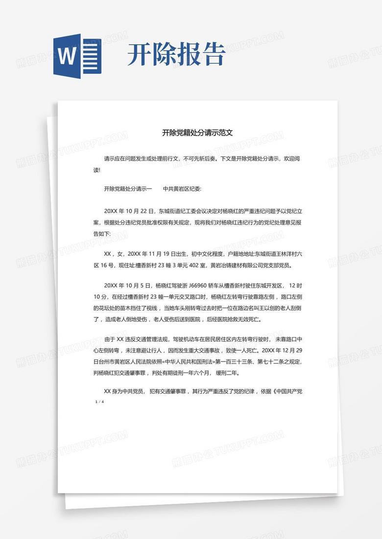 开除党籍处分请示范文 工作报告Word模板下载 编号qzrbonxo 熊猫办公