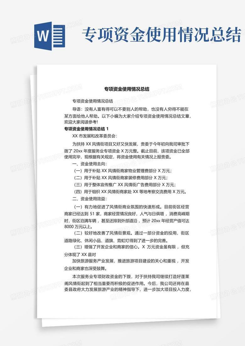 专项资金使用情况总结Word模板下载 编号lzrayryp 熊猫办公