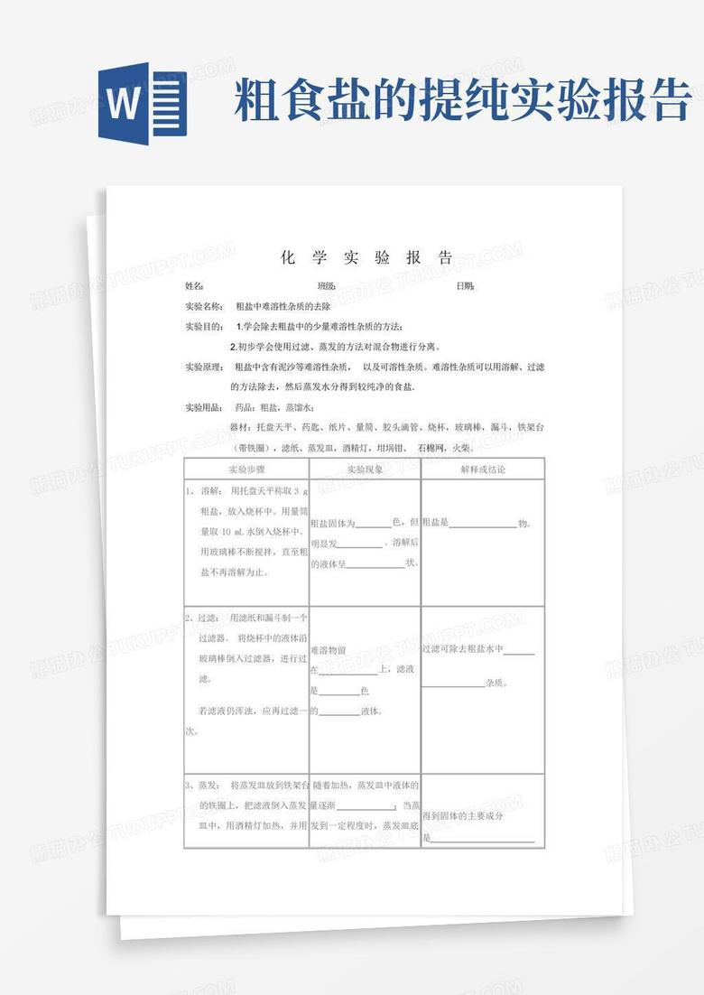粗盐提纯实验报告Word模板下载 编号ldgexyyr 熊猫办公
