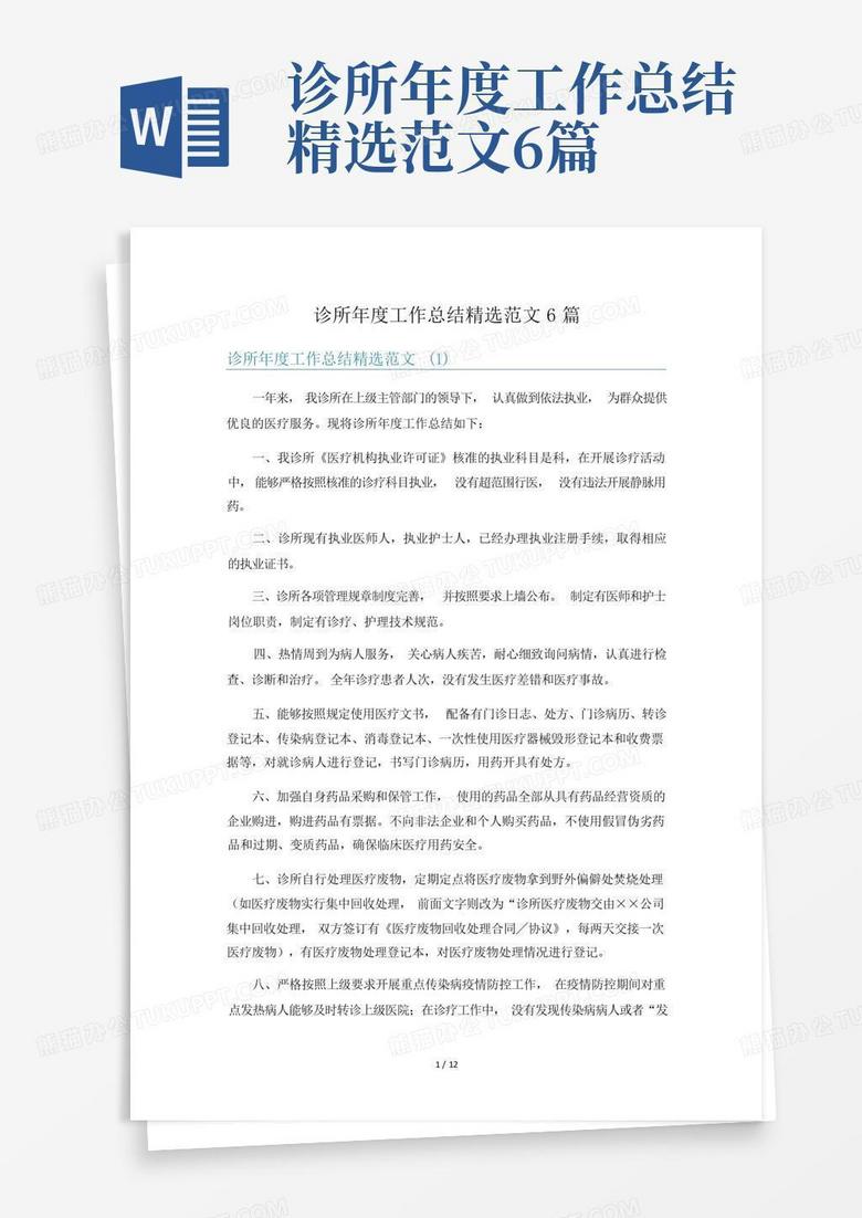 诊所年度工作总结精选范文6篇Word模板下载 编号qwownram 熊猫办公