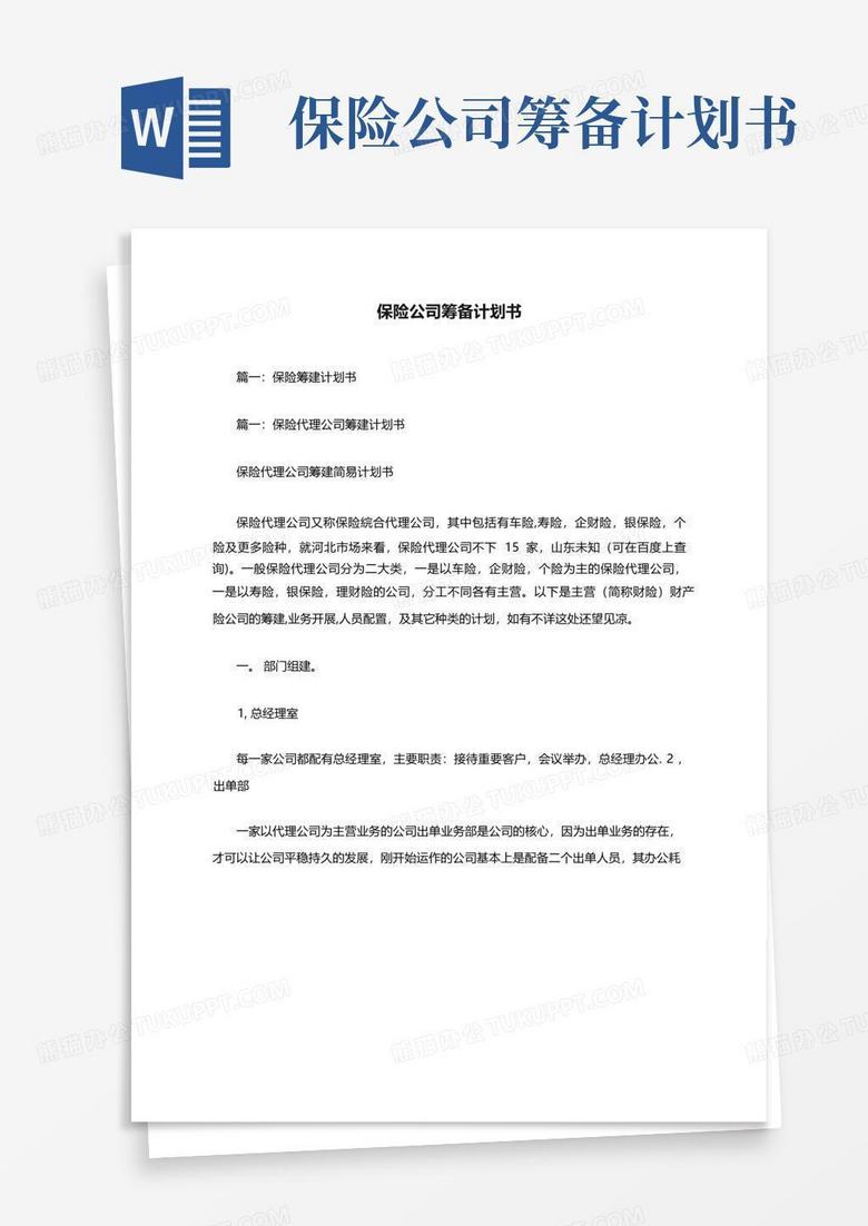 保险公司筹备计划书Word模板下载 编号lxzpoymy 熊猫办公