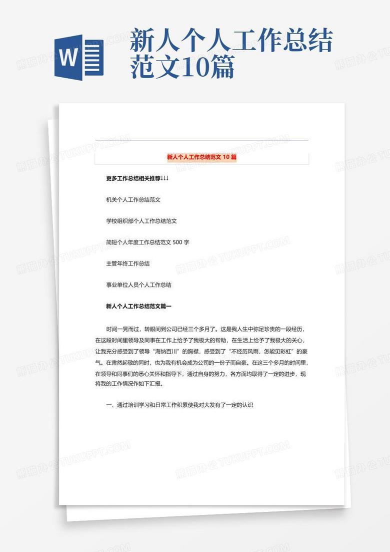 新人个人工作总结范文10篇Word模板下载 编号qxzvzagn 熊猫办公