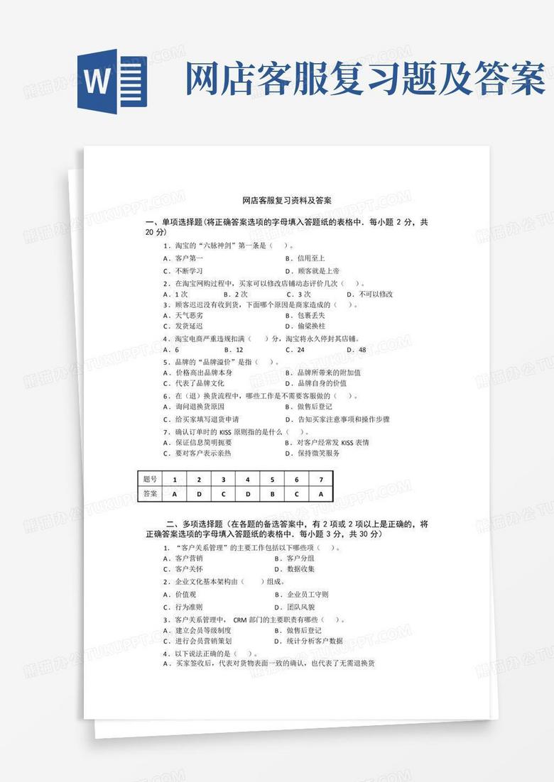 网店客服复习题及答案Word模板下载 编号qnzgrbyv 熊猫办公