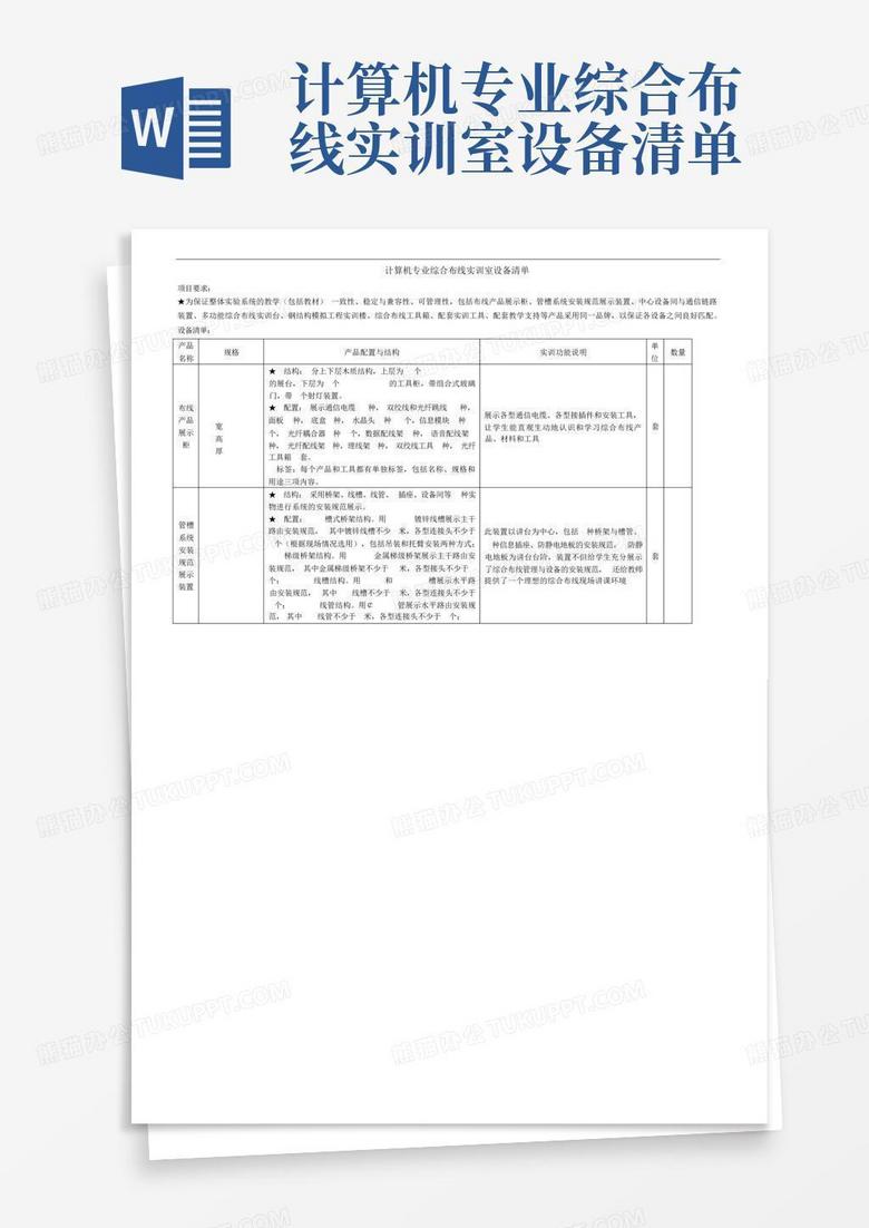 计算机专业综合布线实训室设备清单Word模板下载 编号lnzrdoyw 熊猫办公