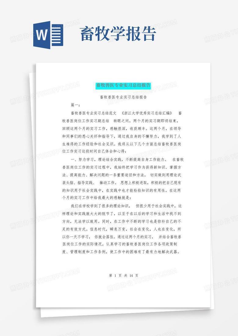 畜牧兽医专业实习总结报告Word模板下载 编号lwokedzm 熊猫办公