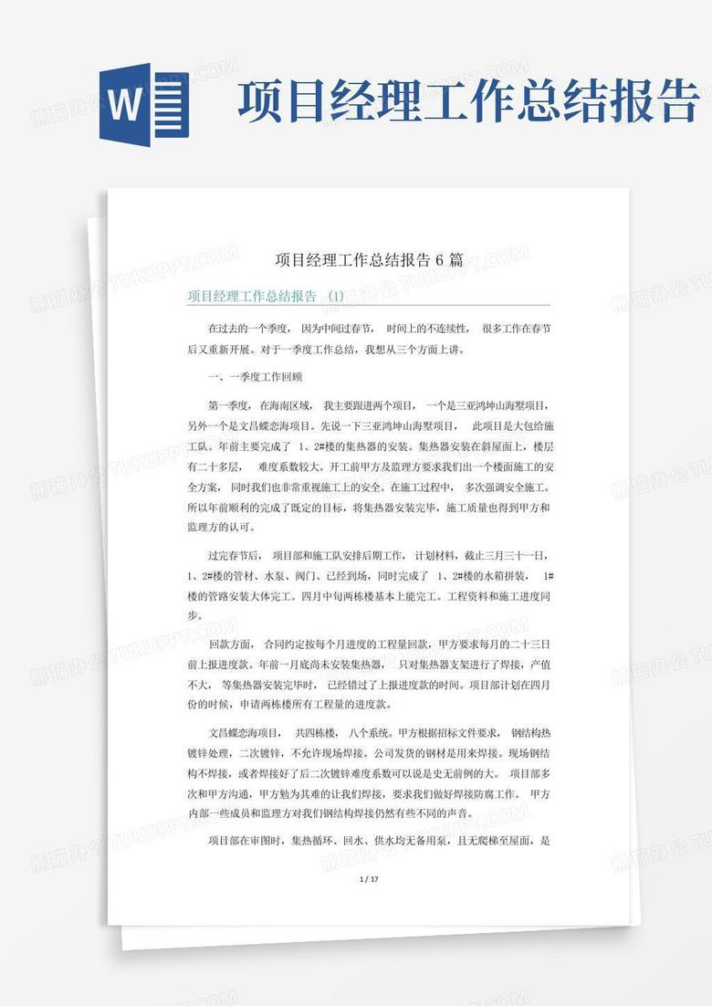 项目经理工作总结报告6篇Word模板下载 编号qwokpokr 熊猫办公