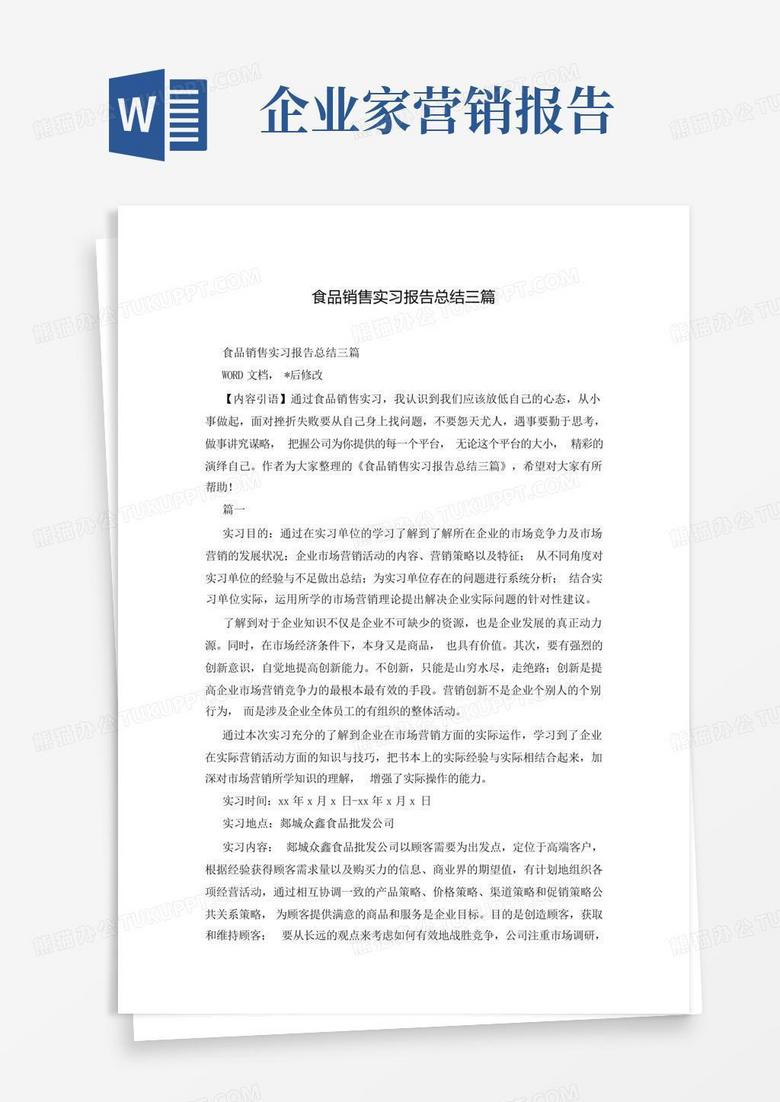 食品销售实习报告总结三篇Word模板下载 编号lmoyowar 熊猫办公