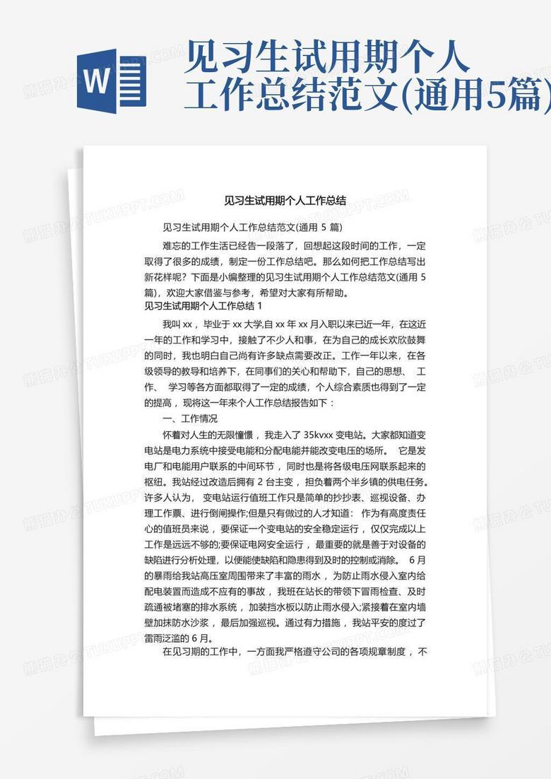 见习生试用期个人工作总结范文 通用5篇 Word模板下载 编号qegrjzpw 熊猫办公
