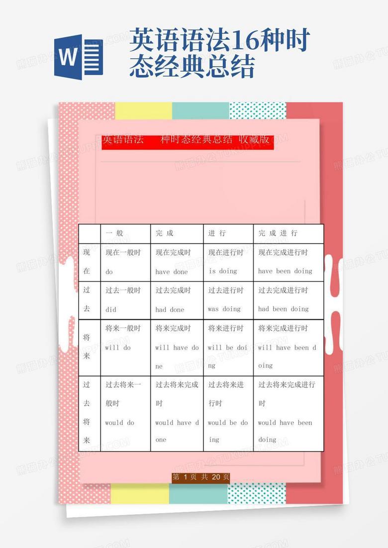 英语语法16种时态经典总结Word模板下载 编号lwoorrae 熊猫办公