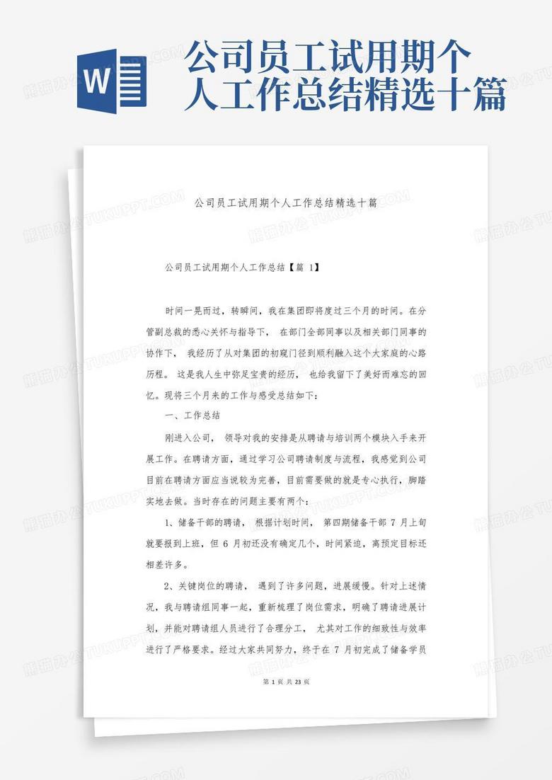 公司员工试用期个人工作总结精选十篇Word模板下载 编号ljnneamn 熊猫办公