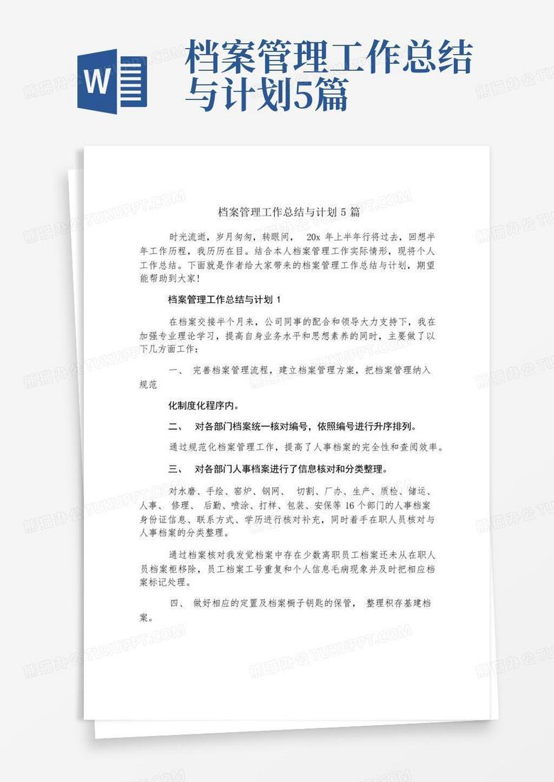 档案管理工作总结与计划5篇Word模板下载 编号qxzzymkz 熊猫办公