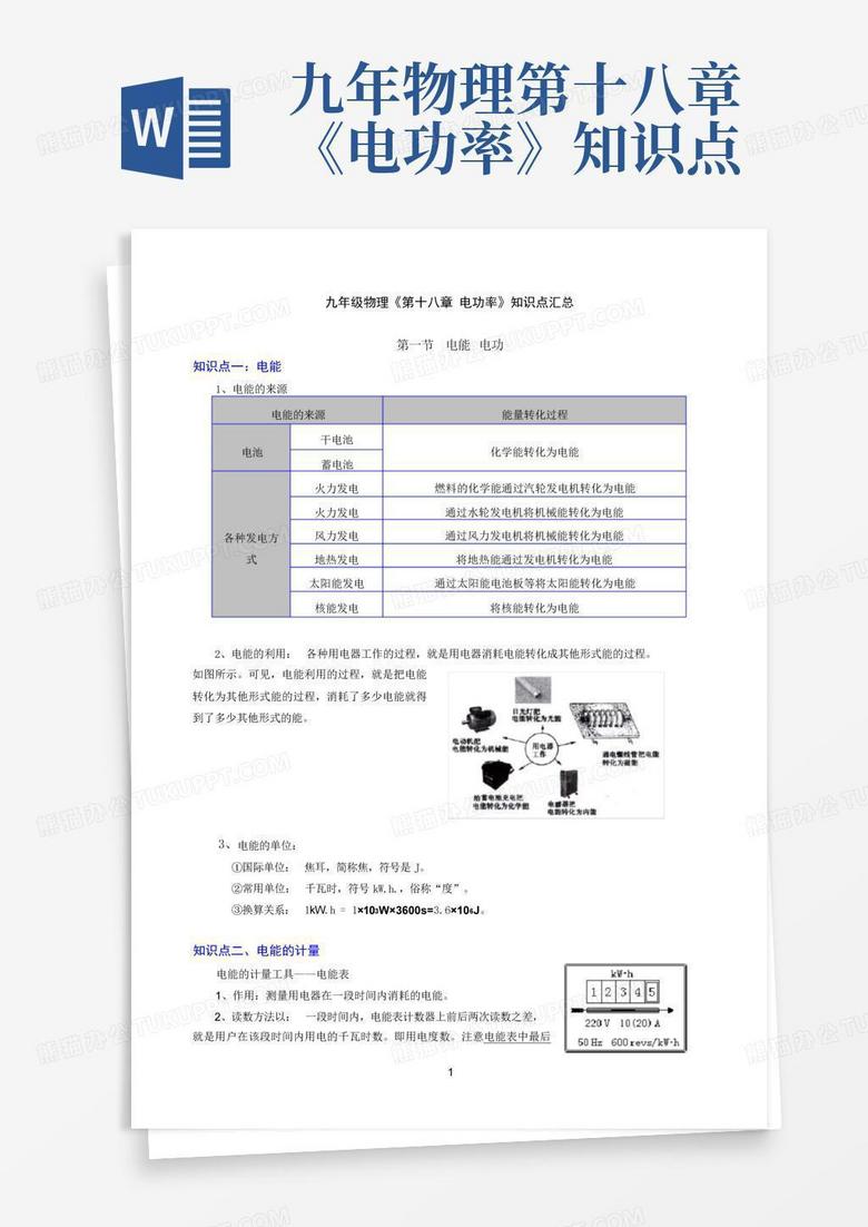 九年物理第十八章电功率知识点Word模板下载 编号lmonkwey 熊猫办公