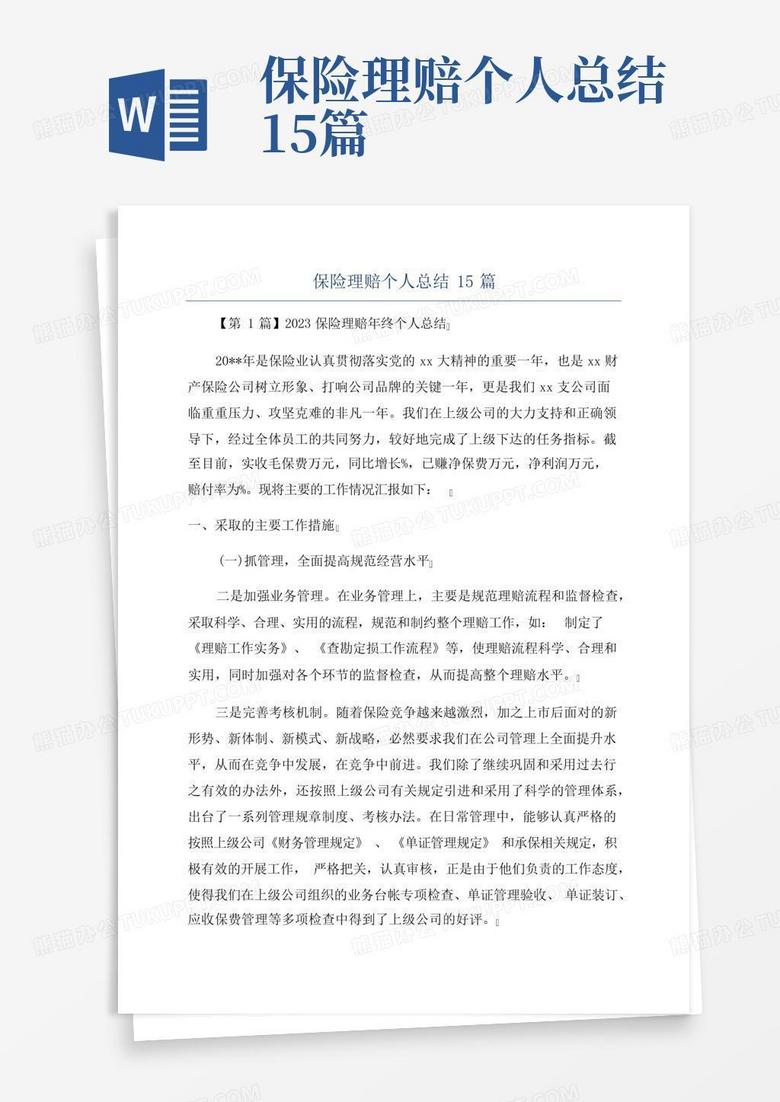 保险理赔个人总结15篇Word模板下载 编号legjzzye 熊猫办公