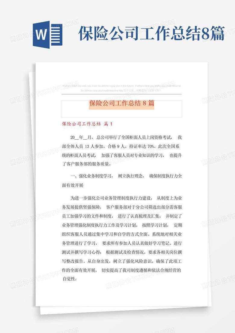保险公司工作总结8篇Word模板下载 编号lwondpkw 熊猫办公