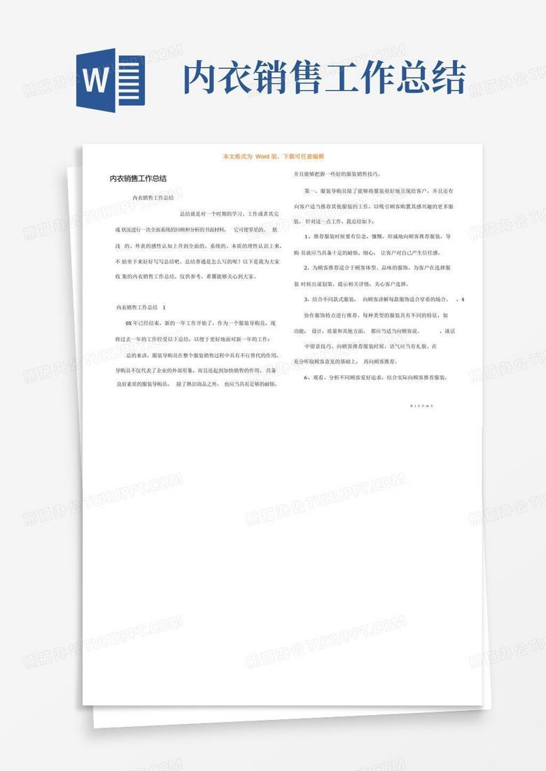 内衣销售工作总结Word模板下载 编号lodzopey 熊猫办公