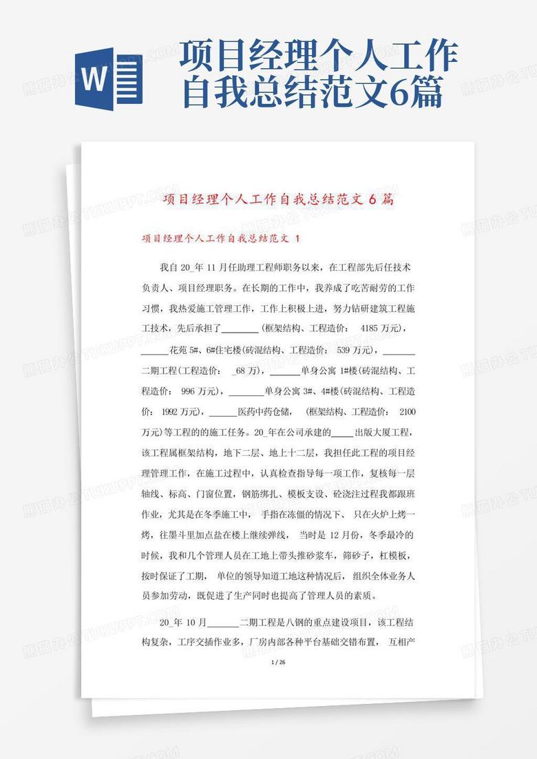 项目经理个人工作自我总结范文6篇Word模板下载 编号lmommnrk 熊猫办公