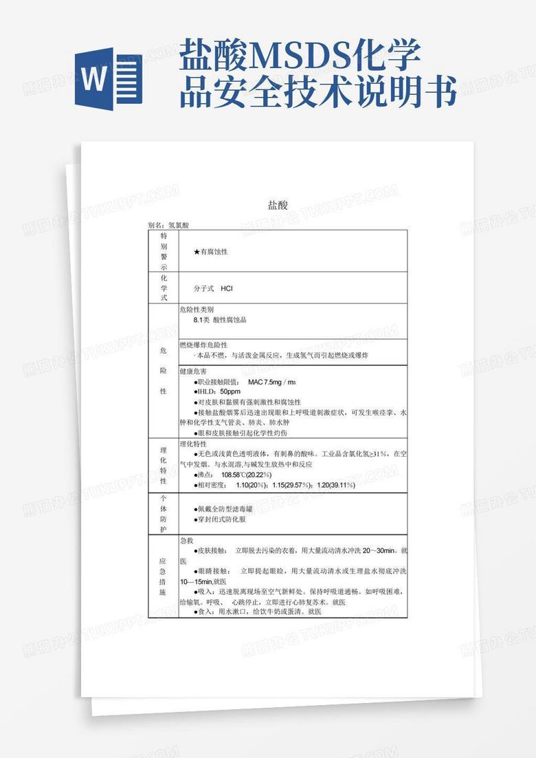 盐酸msds化学品安全技术说明书Word模板下载 编号qbkpdakj 熊猫办公