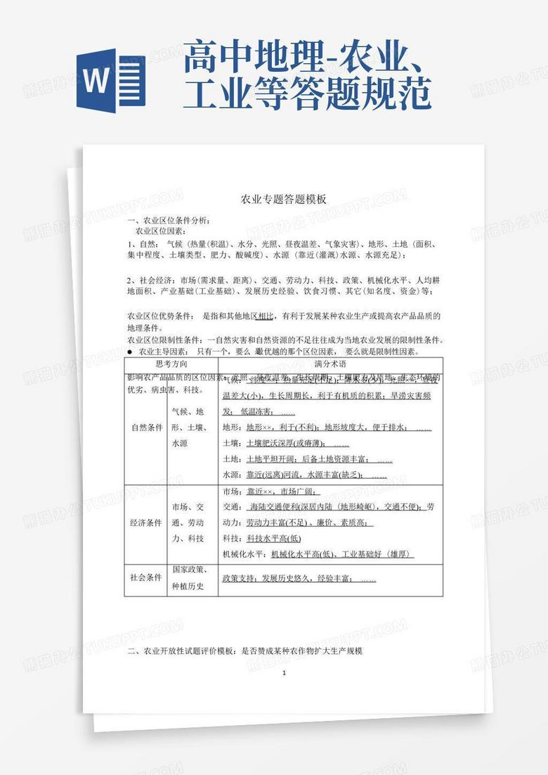 高中地理 农业工业等答题规范Word模板下载 编号legjgvxj 熊猫办公