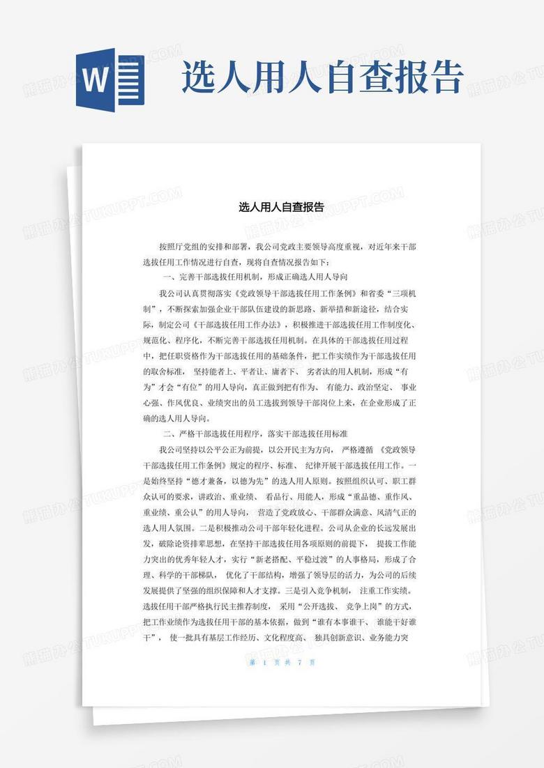 选人用人自查报告Word模板下载 编号lrpkrzkv 熊猫办公