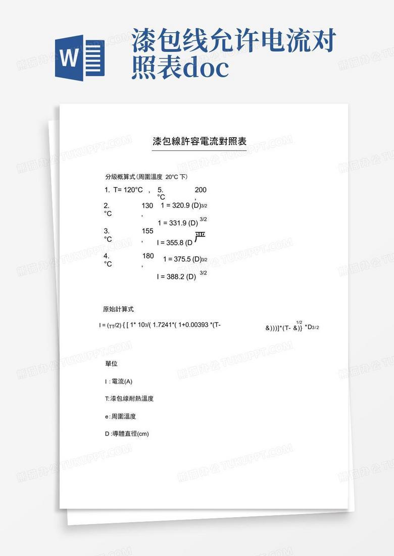 漆包线允许电流对照表 docxWord模板下载 编号lgmonjog 熊猫办公