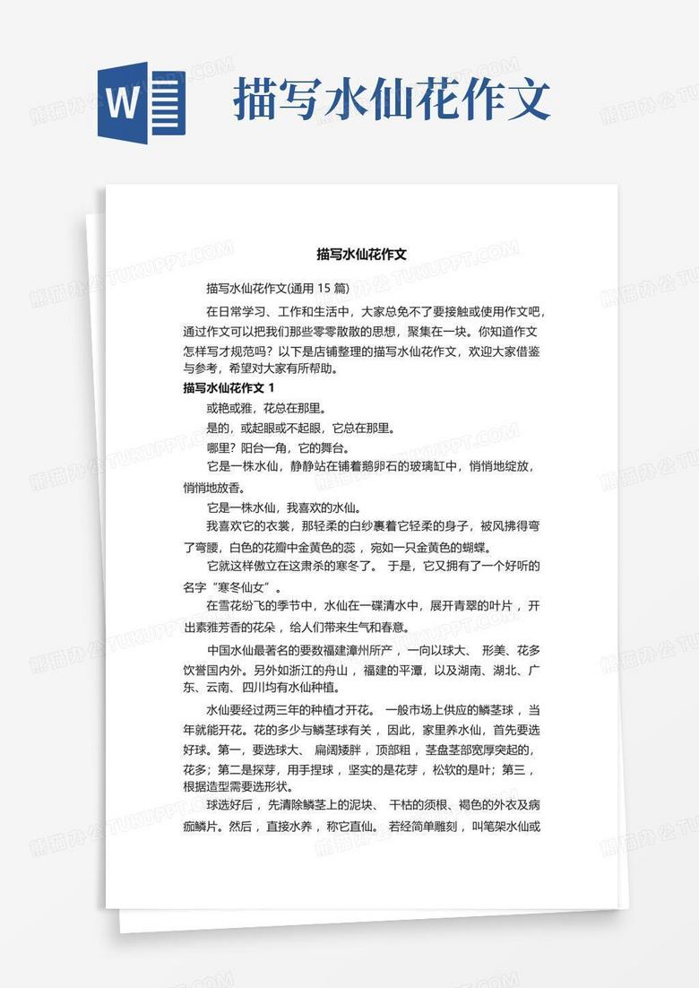 描写水仙花作文Word模板下载 编号qbkrnnby 熊猫办公