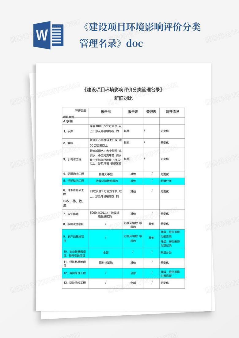 建设项目环境影响评价分类管理名录 docWord模板下载 编号qodozemg 熊猫办公