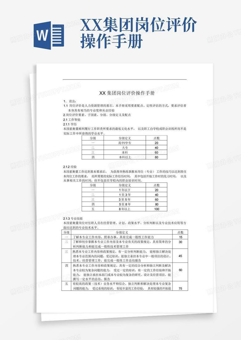 xx集团岗位评价操作手册Word模板下载 编号lppwjpeg 熊猫办公