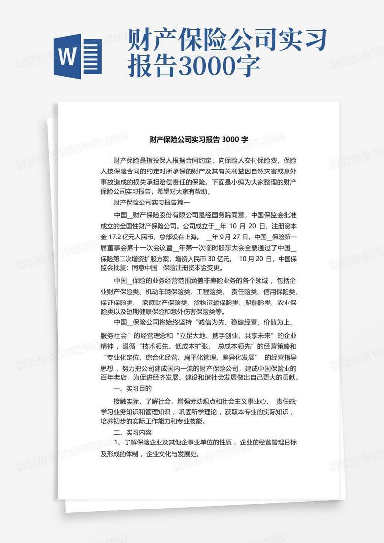 财产保险公司实习报告3000字Word模板下载 编号lnzmzyzz 熊猫办公