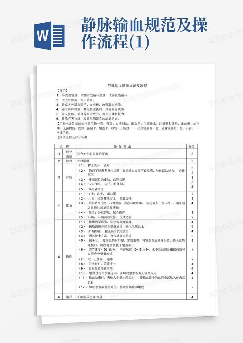 静脉输血规范及操作流程 1 Word模板下载 编号qwoerwzn 熊猫办公