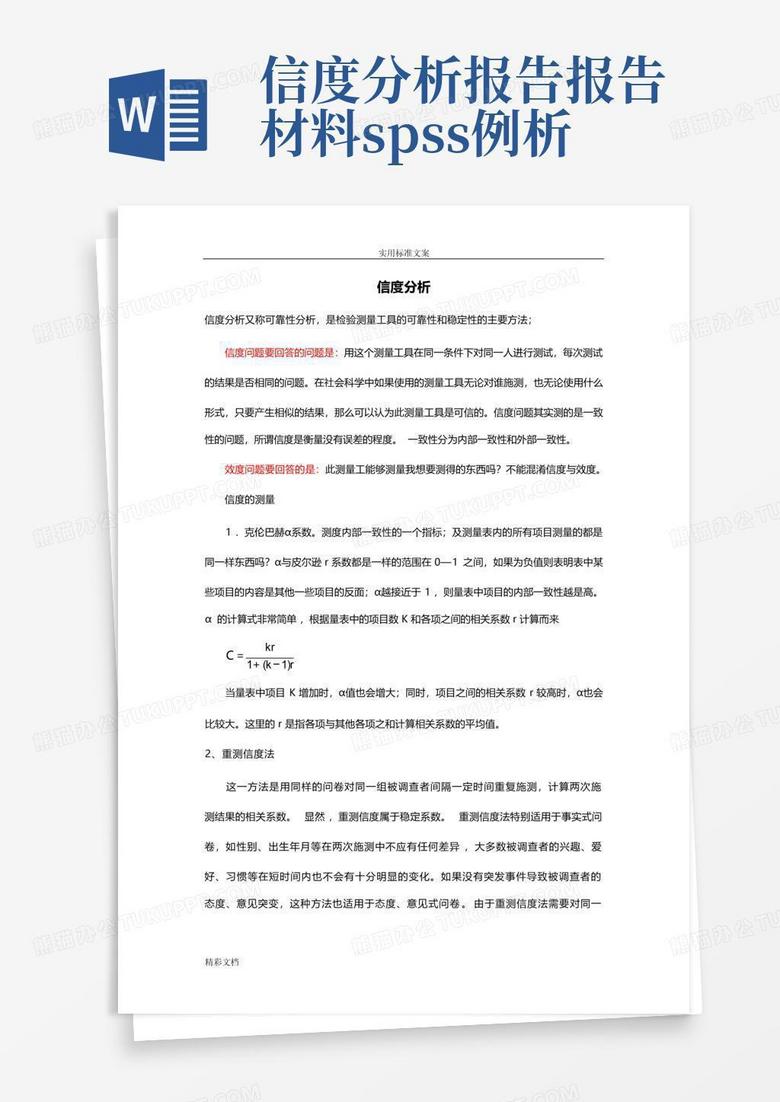 信度分析报告报告材料spss例析Word模板下载 编号qodorkwg 熊猫办公