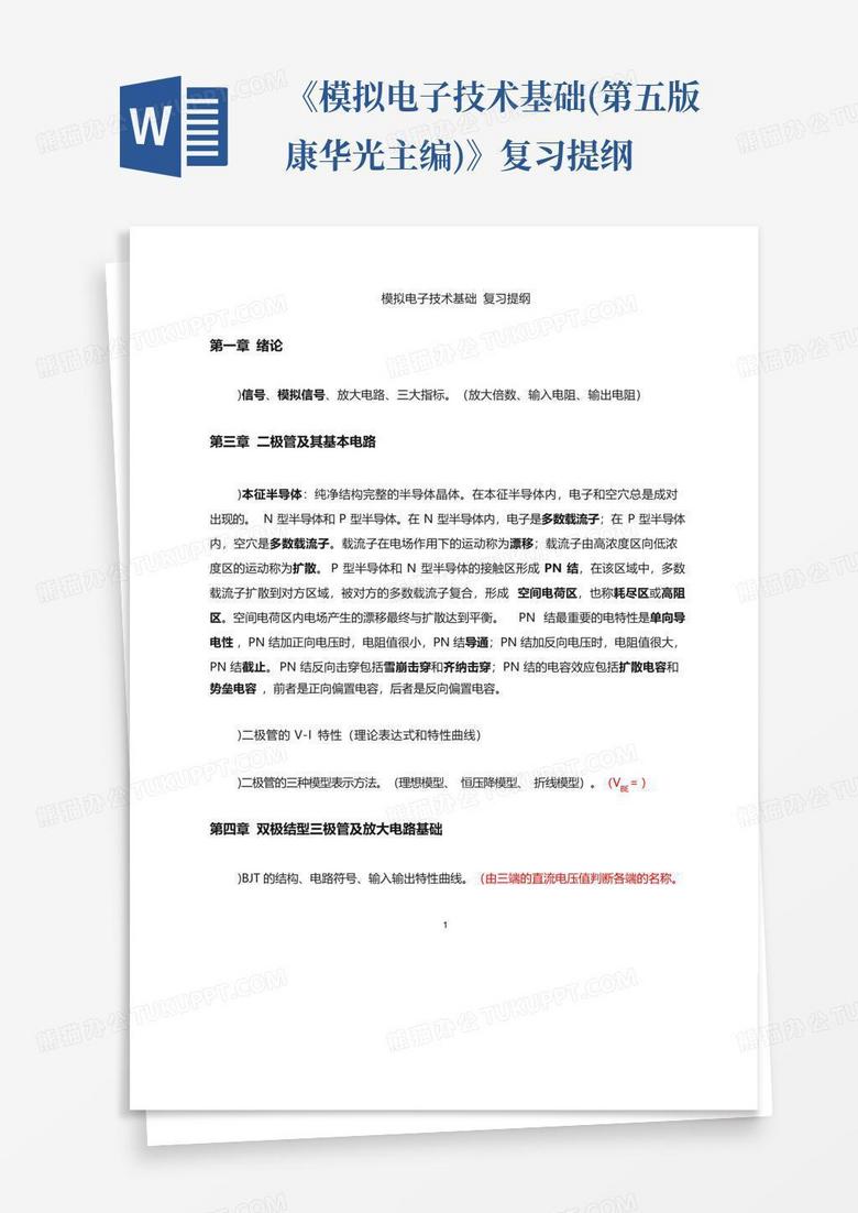 模拟电子技术基础 第五版康华光主编 复习提纲Word模板下载 编号lzrvxgwp 熊猫办公