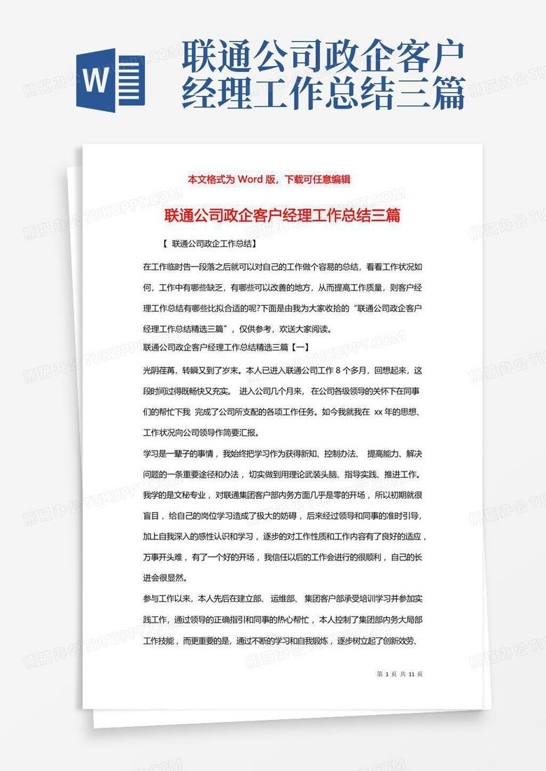 联通公司政企客户经理工作总结三篇Word模板下载 编号lrpaenzb 熊猫办公