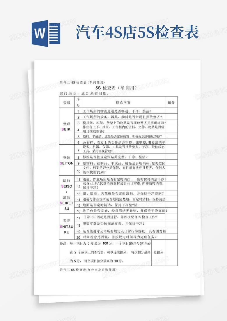 汽车4s店5s检查表Word模板下载 编号qvmrxbxb 熊猫办公