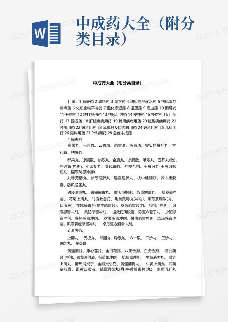 中成药大全附分类目录Word模板下载 编号lwppxrvz 熊猫办公