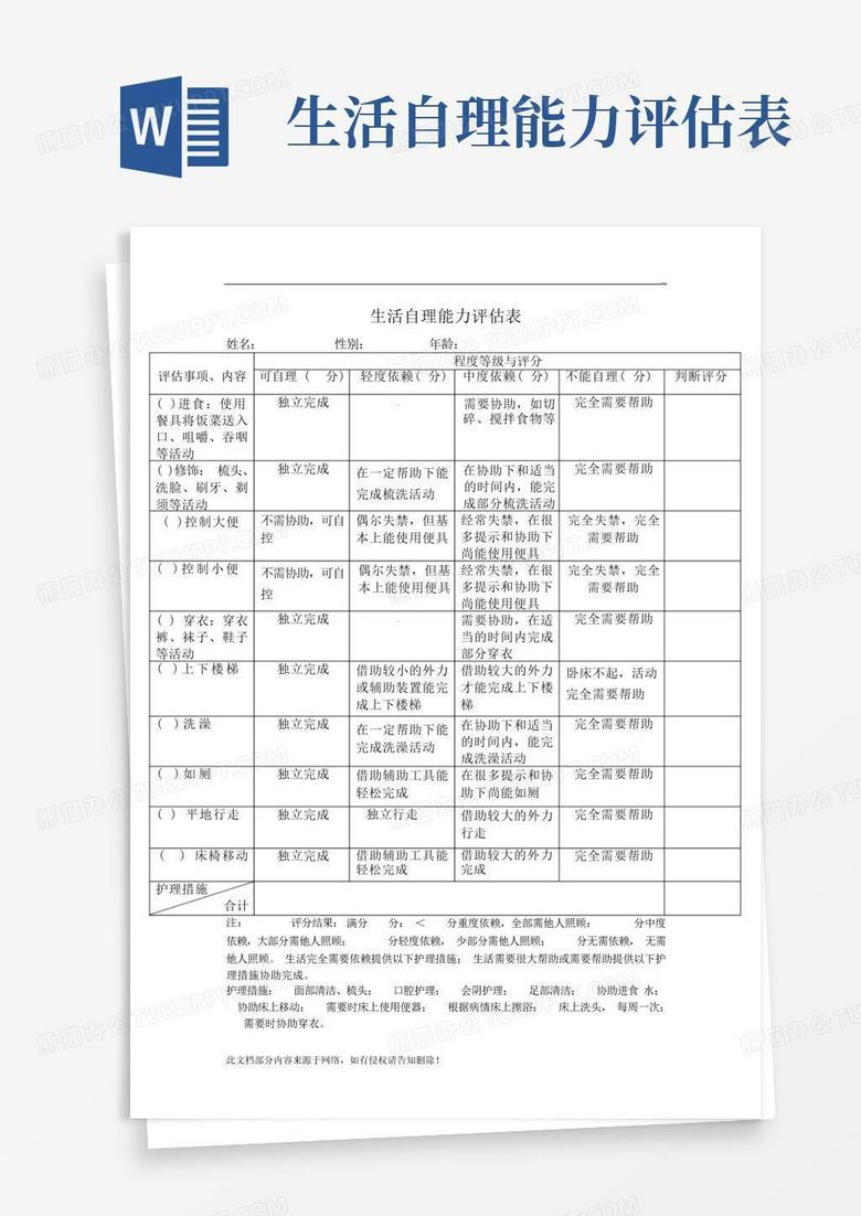 生活自理能力评估表Word模板下载 编号qnyxbxky 熊猫办公