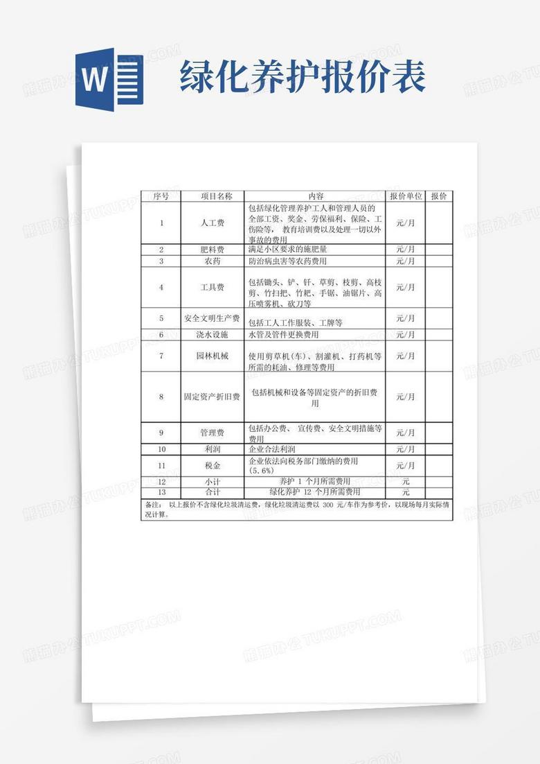 绿化养护报价表Word模板下载 编号lerknnwy 熊猫办公